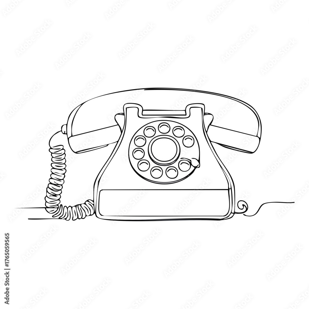 Line art of a rotary dial telephone with handset and coiled cable on a ...