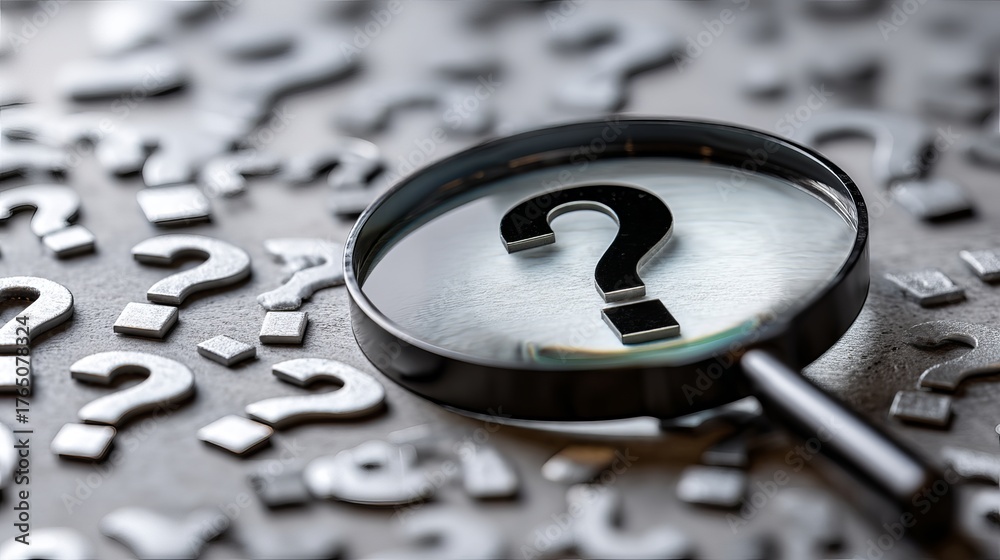 Magnifying glass reveals prominent question mark surrounded by numerous ...