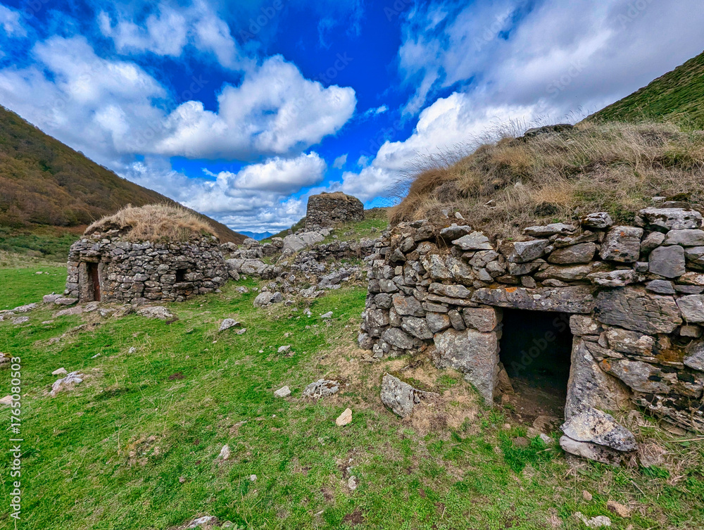 Corros, typical huts at Braña de Sousas flock of shepherds in Somiedo ...