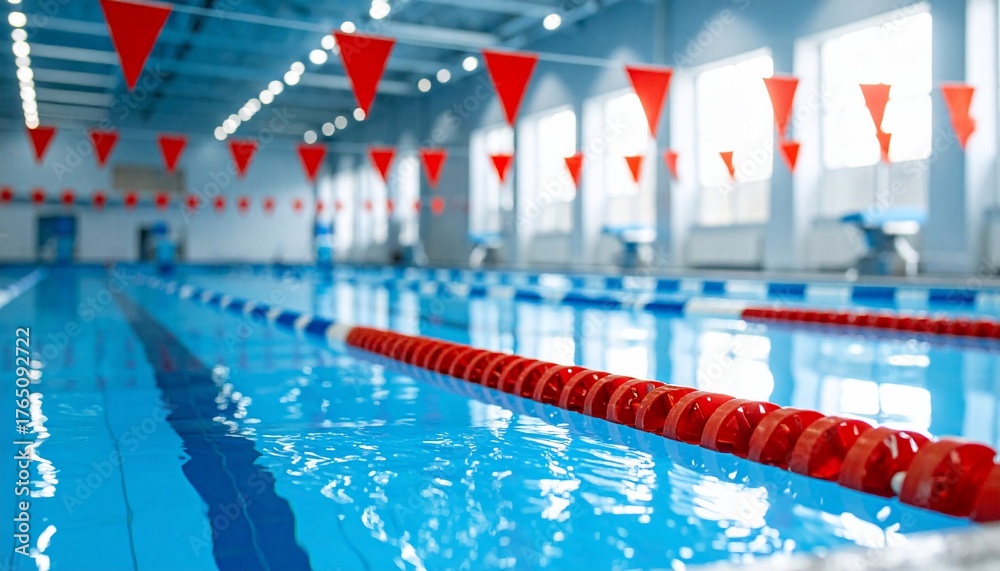 Indoor swimming pool with lane markers, flags, and natural light, ready ...