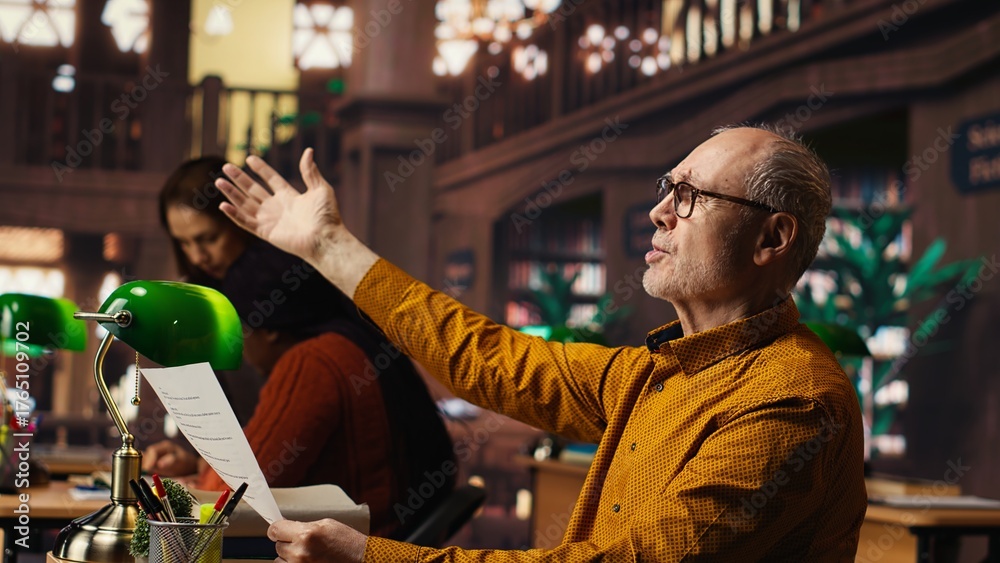 Elderly actor in a library focusing on script reading and memorization ...