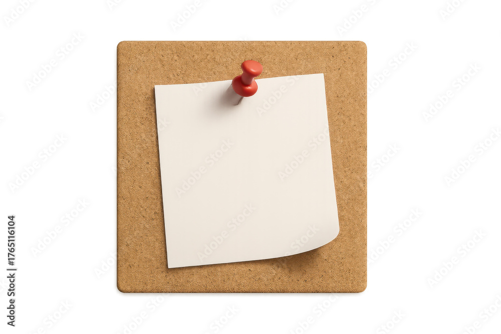 Blank white paper note pinned on a brown cork board, empty reminder ...