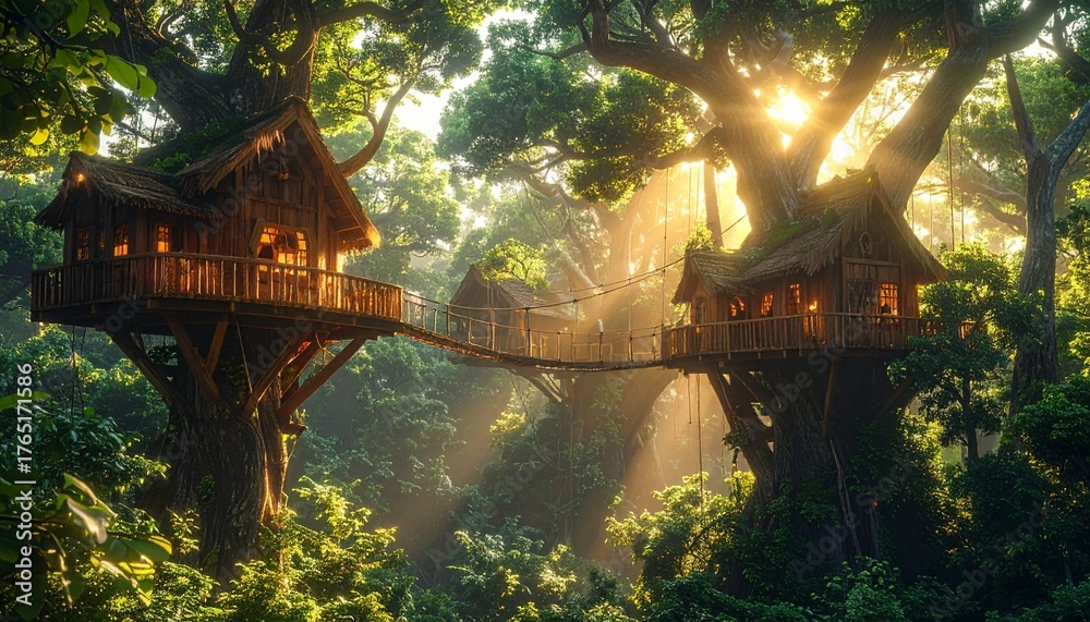 Forest Hideaway Whimsical Treehouse Village Connected by Ropes and ...