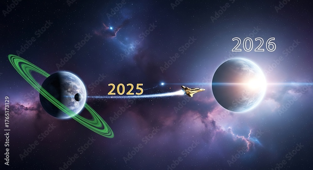 Ilustración de Stock Spaceship travels from planet 2025 to planet 2026 ...
