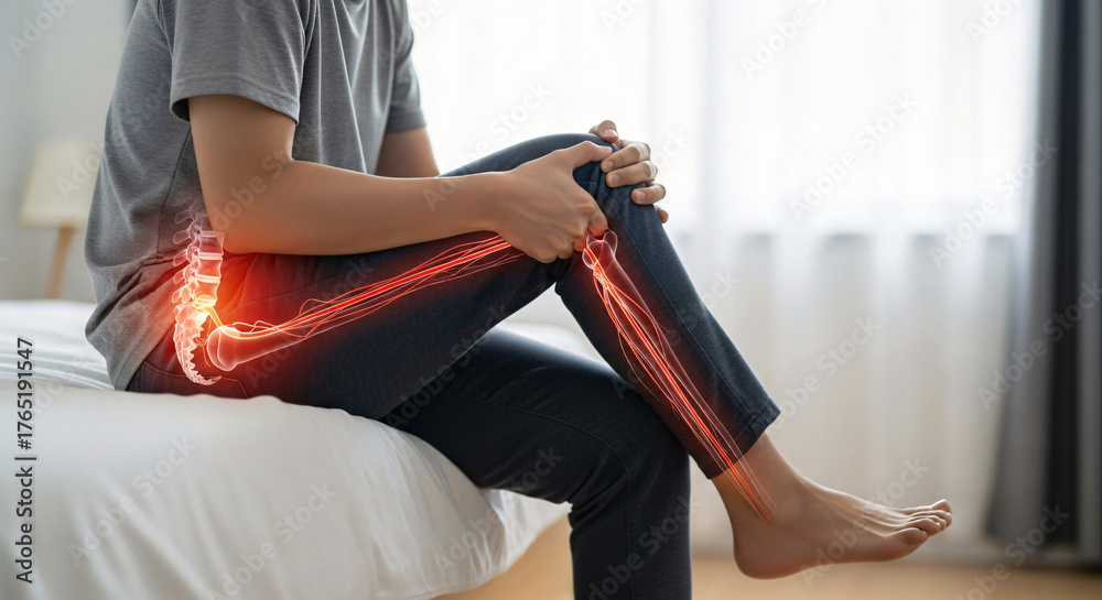Sciatica Pain Illustration: Glowing Red Line Shows Nerve Pathway from ...