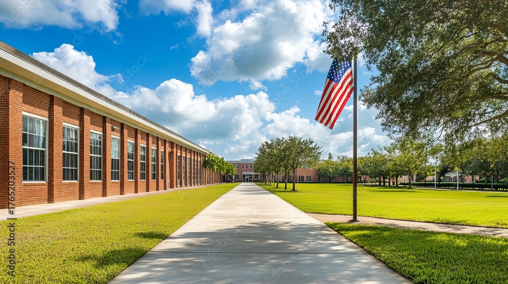 Classic american school building exterior with brick facade and large ...