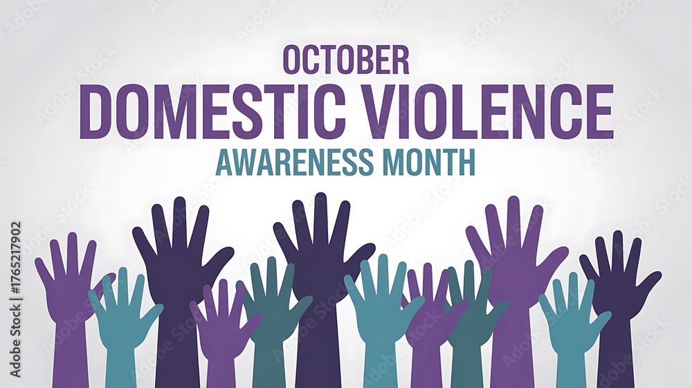 October domestic violence awareness month with diverse hands raised in ...