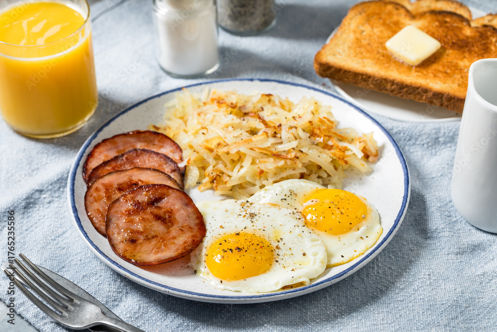 Healthy Homemade Eggs Canadian Bacon and Hash Brown Breakfast Stock ...
