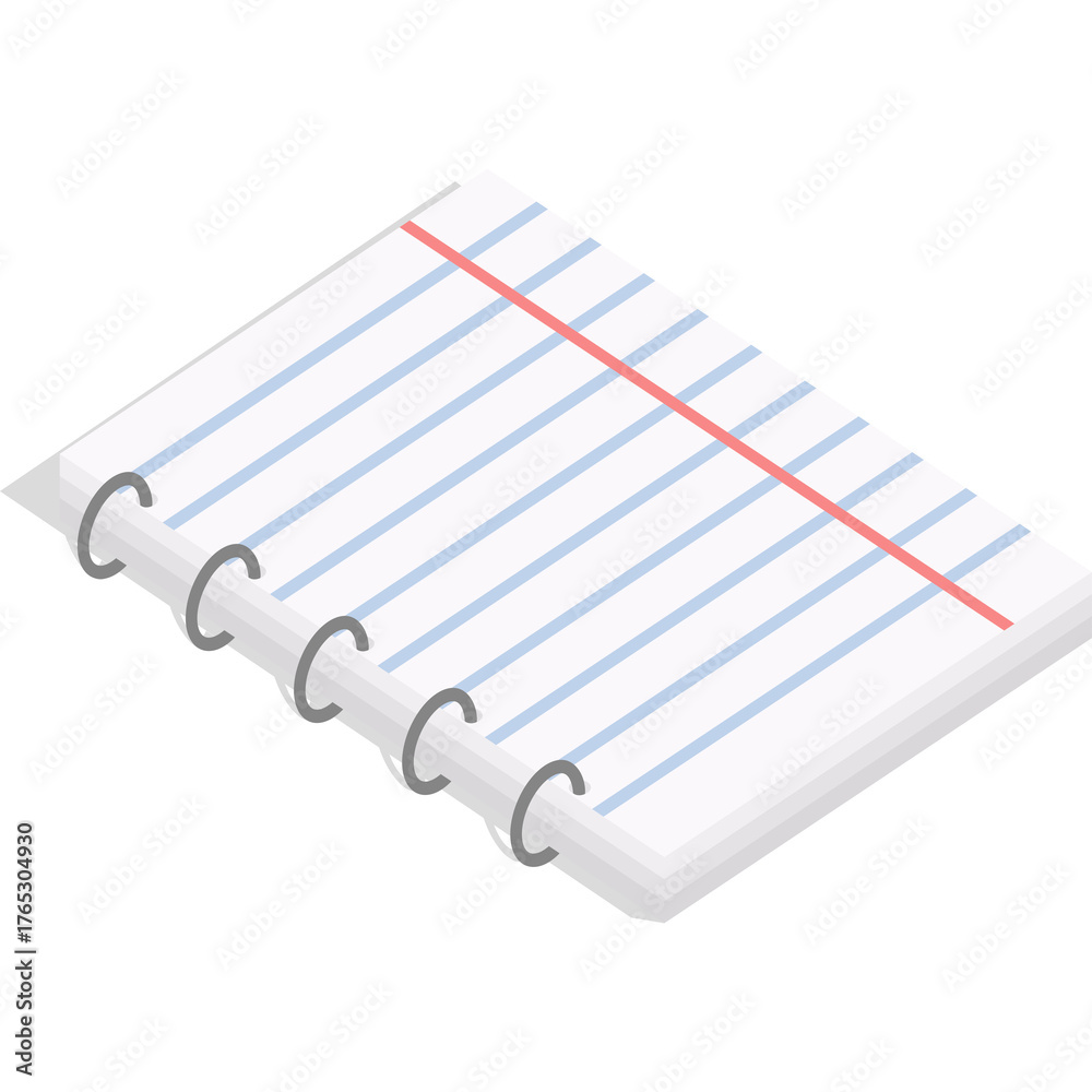 Isometric spiral notebook with lined white pages and red margin detail ...