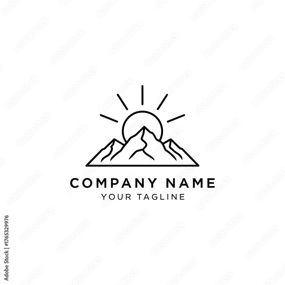 Minimalist line art logo of a sun rising over a mountain range, with ...