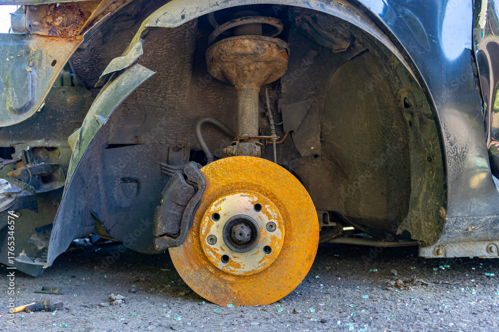 Rusty disc brake system and suspension of a car after a collision ...