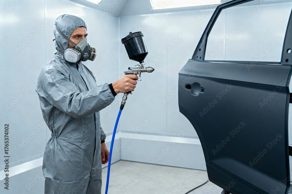 Professional auto body painter in protective suit and respirator ...