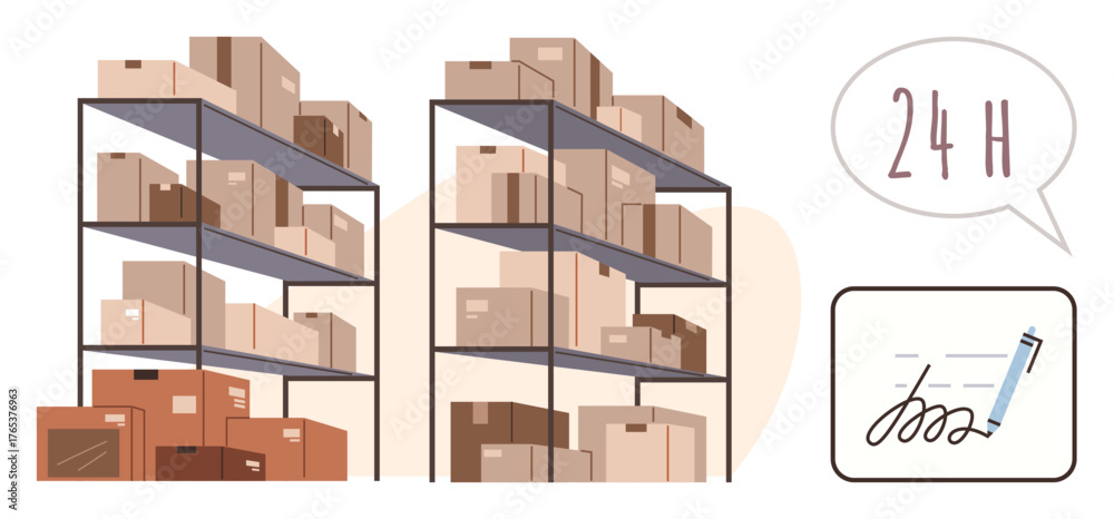 Racks stacked with boxes and packages, speech bubble indicating 24-hour ...