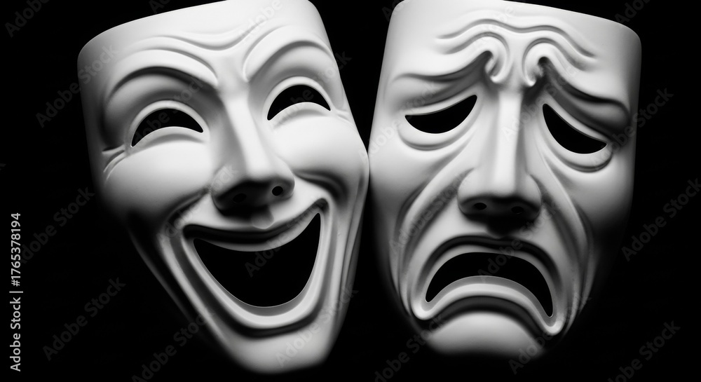 Classic comedy and tragedy theater masks in dramatic black and white ...