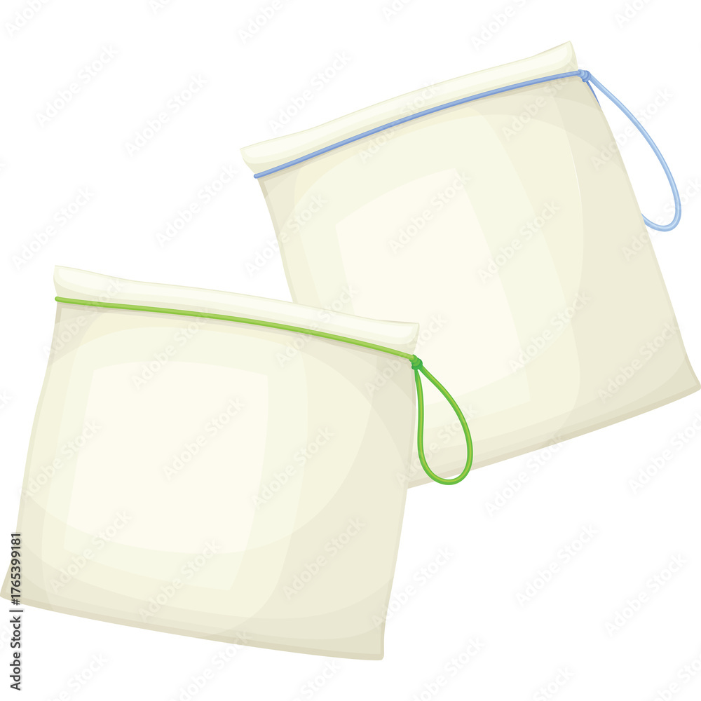 Two blank white resealable plastic bags with blue and green pull tabs ...