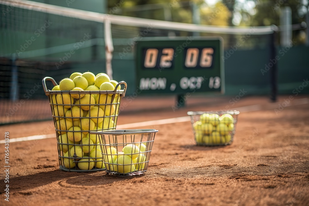 Abundant yellow tennis balls fill wire baskets on a clay court with a ...