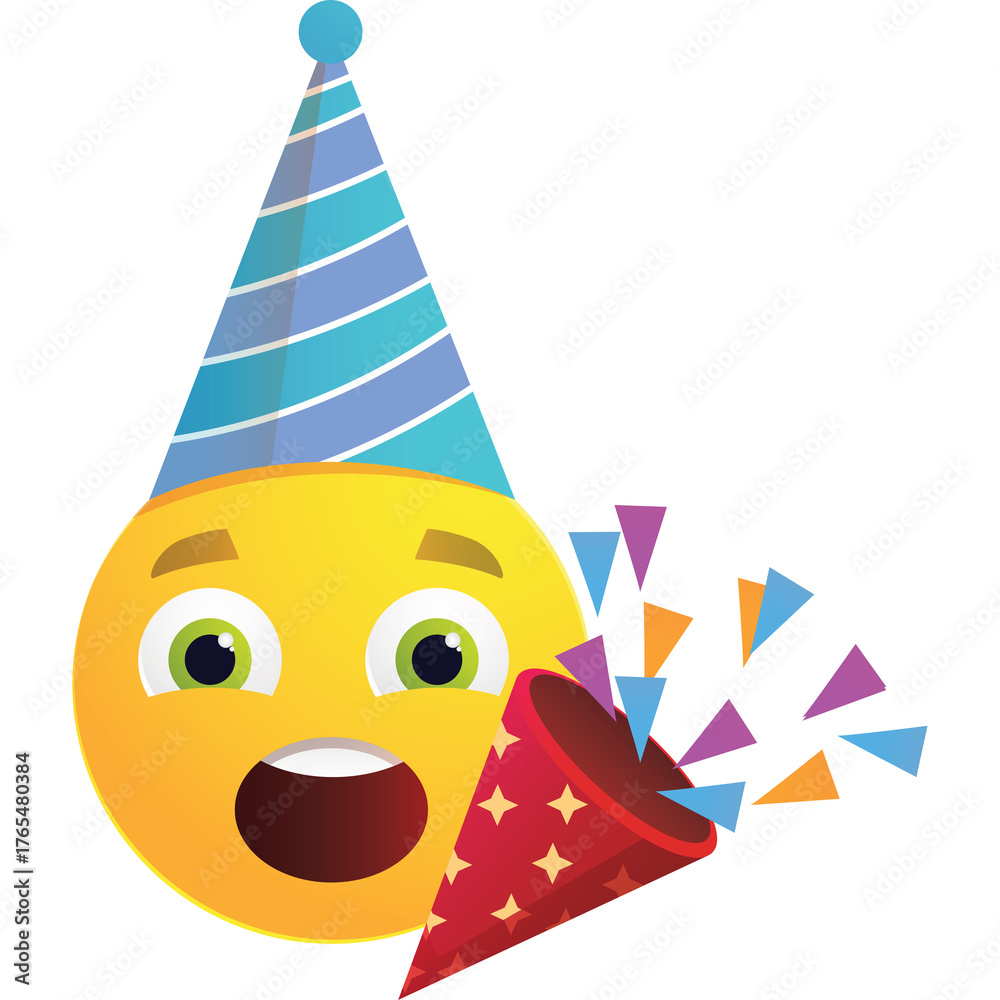 Yellow Smiley Face With Party Hat And Confetti Popper Celebrating ...