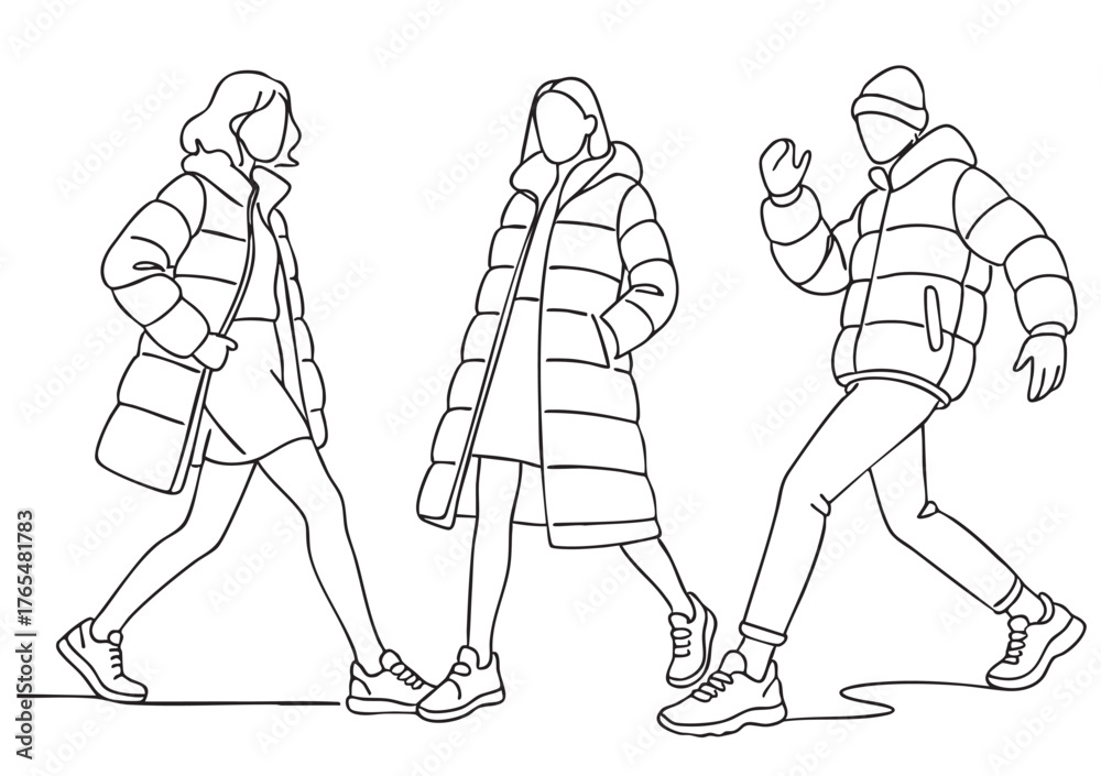 line sketch three fashion models in dynamic poses in black down jackets ...
