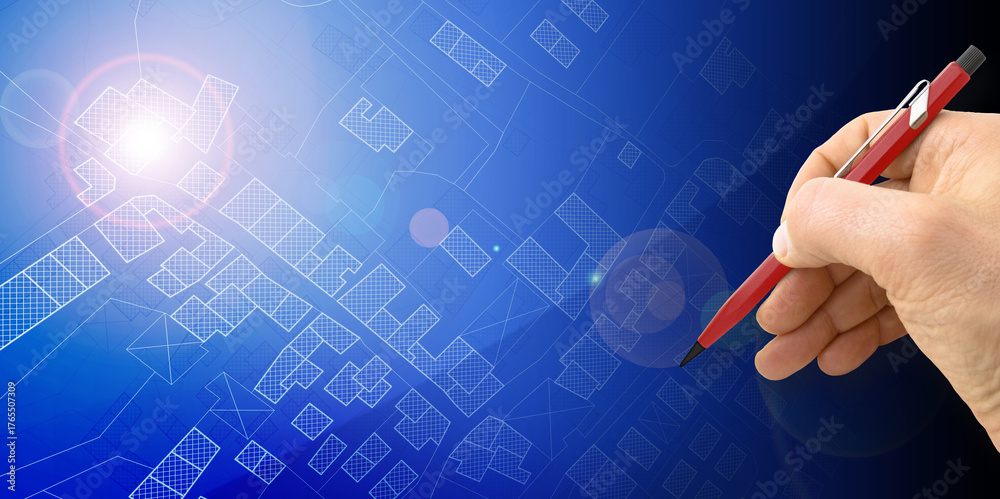 Engineer drawing an imaginary cadastral map of territory with buildings ...