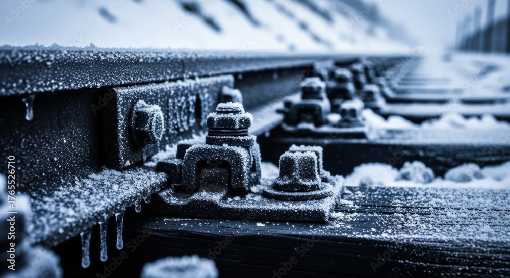 Winter railway tracks with snow and ice - transportation and weather ...
