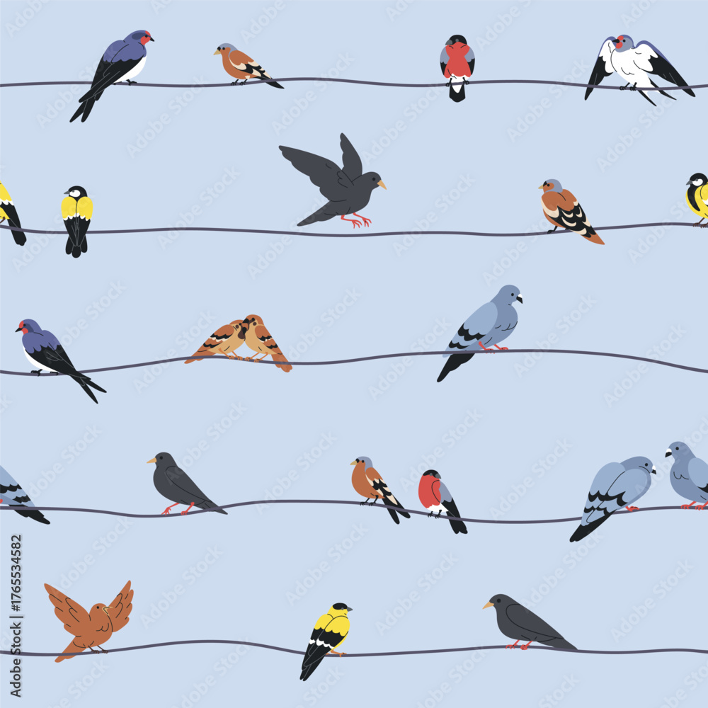 Birds sitting on electric power lines, seamless pattern. Repeating ...
