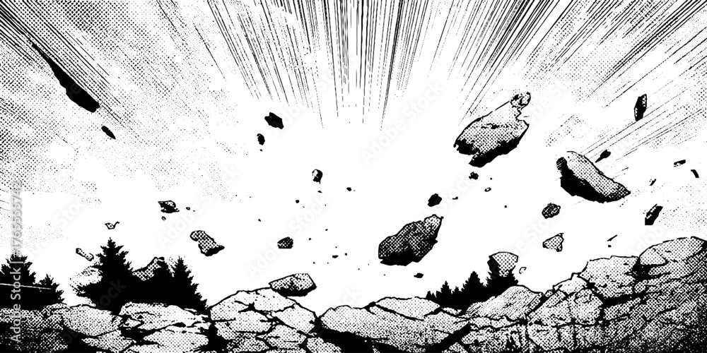 Dynamic explosion scene in black and white anime manga comic frame ...