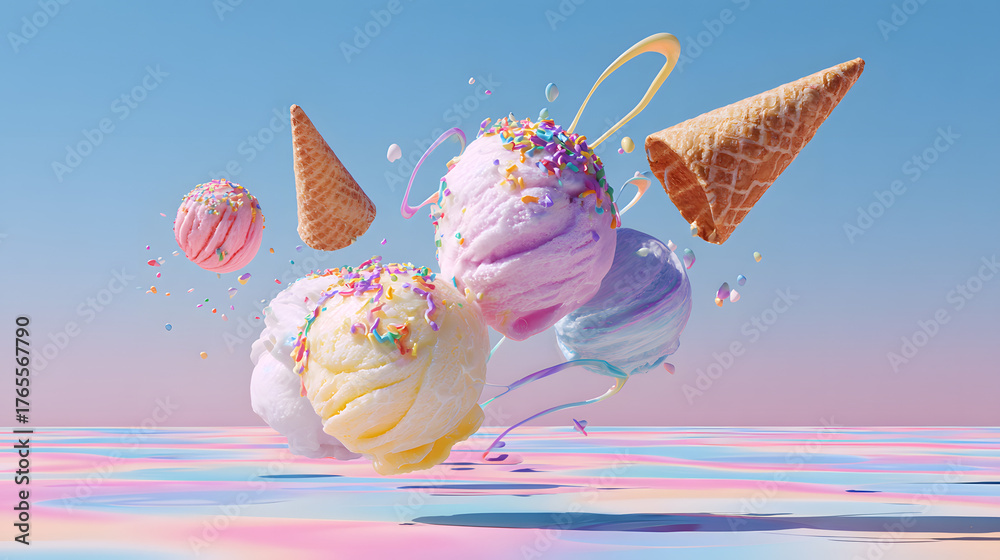 Deconstructed ice cream sundae with scoops, syrup trails, sprinkles ...