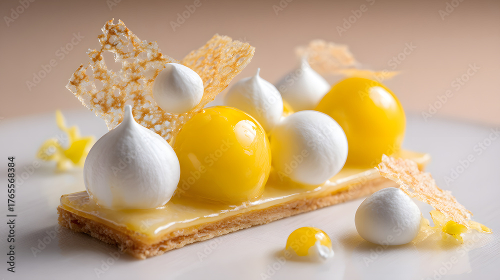 Deconstructed lemon tart showing lemon curd spheres, crisp pastry ...
