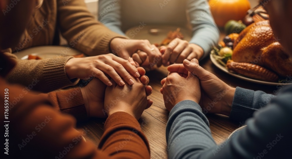 Thanksgiving family gathering around the dinner table with prayers and ...