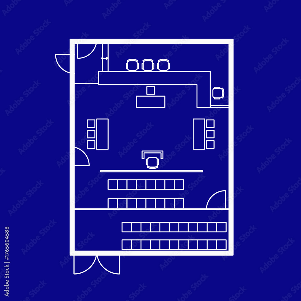 Architectural plan illustration of a courtroom layout of 100 square ...