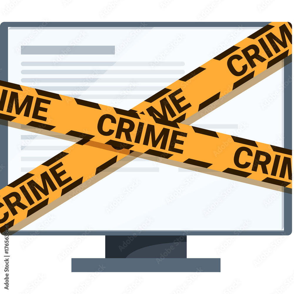 Computer Monitor Screen Covered With Yellow Crime Scene Tape Across ...