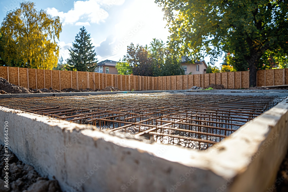 Steel rebar grid laid on a construction site, ready for concrete ...