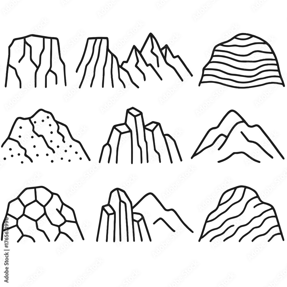 Geological formations linear icon set. featuring plateau, butte ...