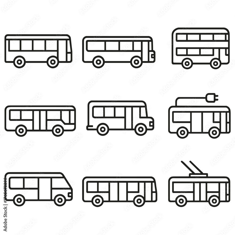 Vector de Stock Transport linear icon set. featuring bus, coach, double ...