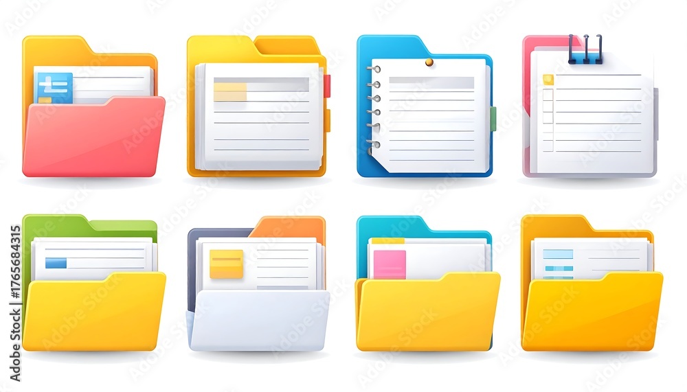 Colorful cartoon folder icons, each with a different document style, in ...