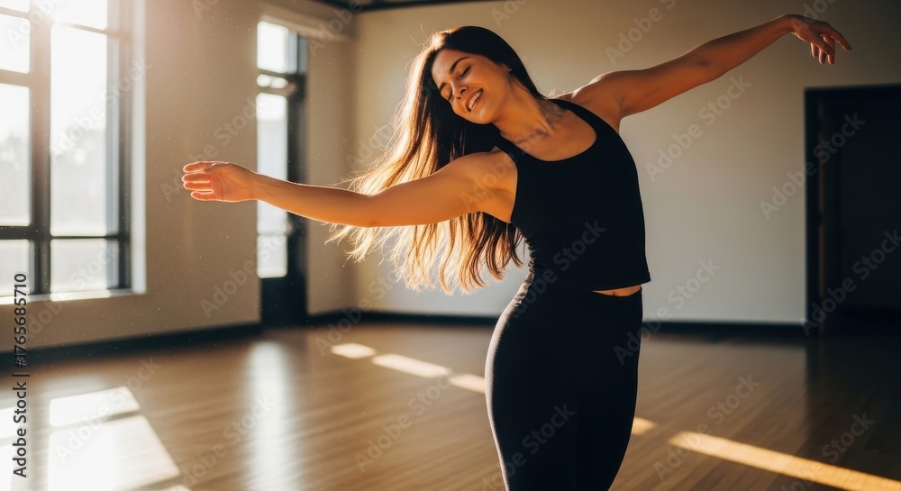 Beautiful young woman dancing in a sunlit studio. Graceful female ...