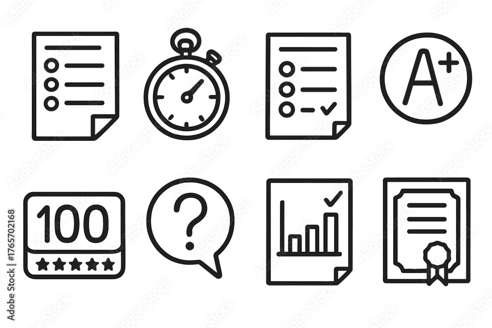Doodle Exam Icons. Quizzes & Exams linear set: exam sheet, stopwatch ...