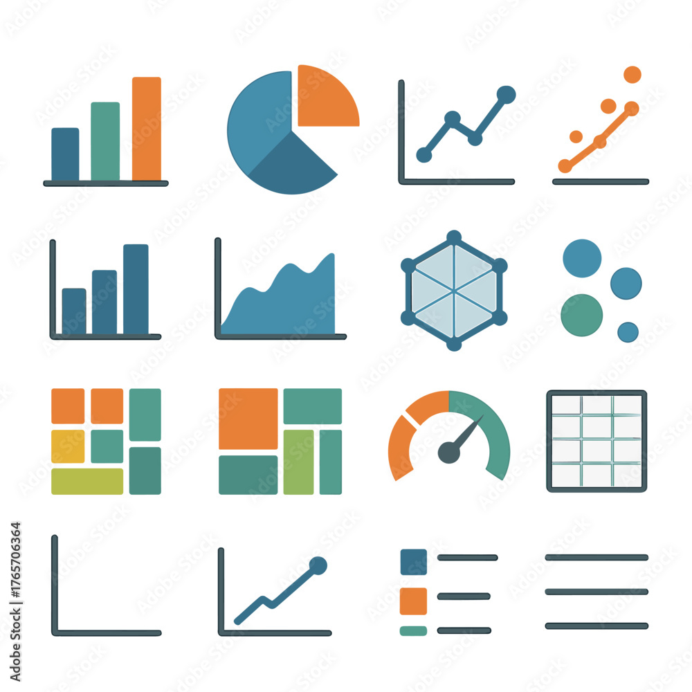 Data Visualization Icons. Bar chart, pie chart, line graph, scatter ...