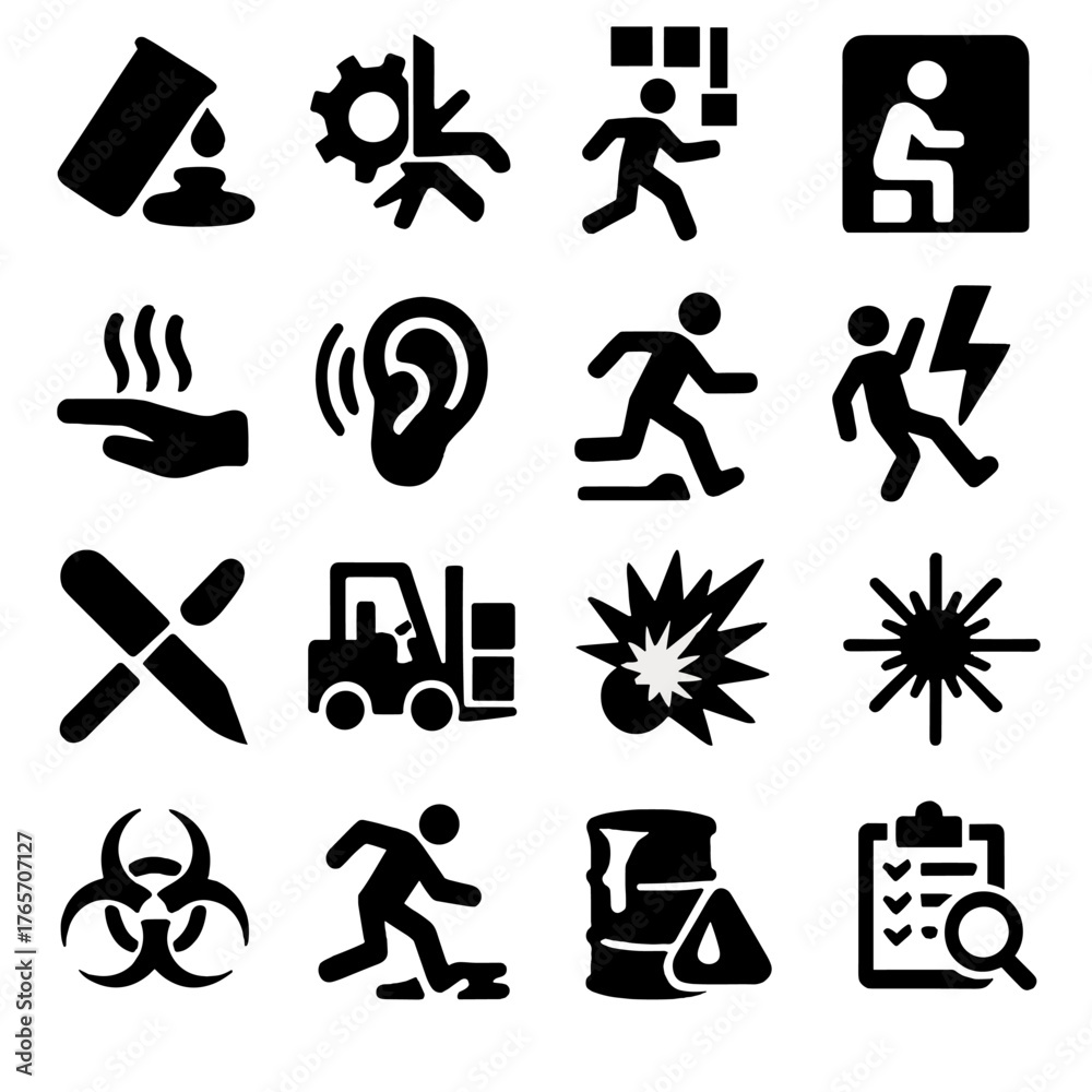 Workplace Safety Icons. Caution workplace hazards icons in silhouette ...