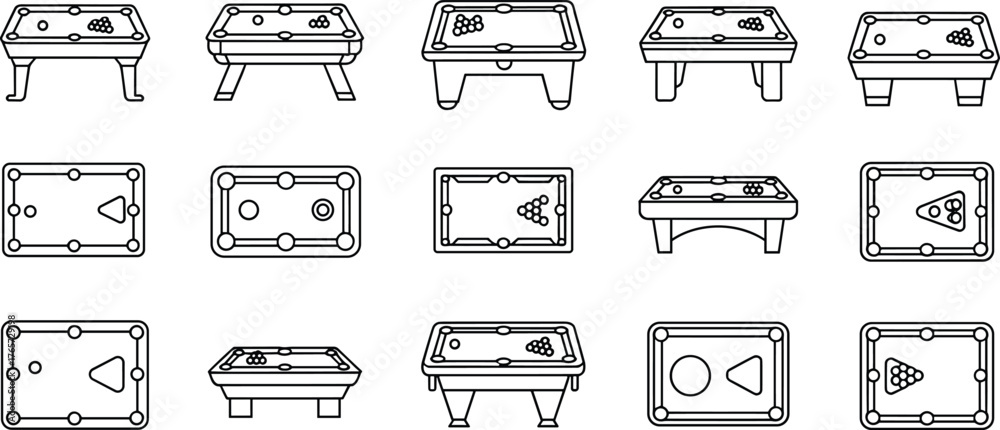 Pool table illustration set, black and white line drawings, top and ...