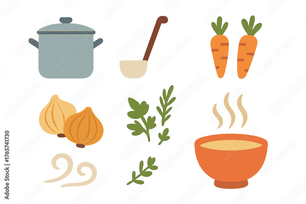 Kitchen essentials and fresh ingredients set for making soup including ...