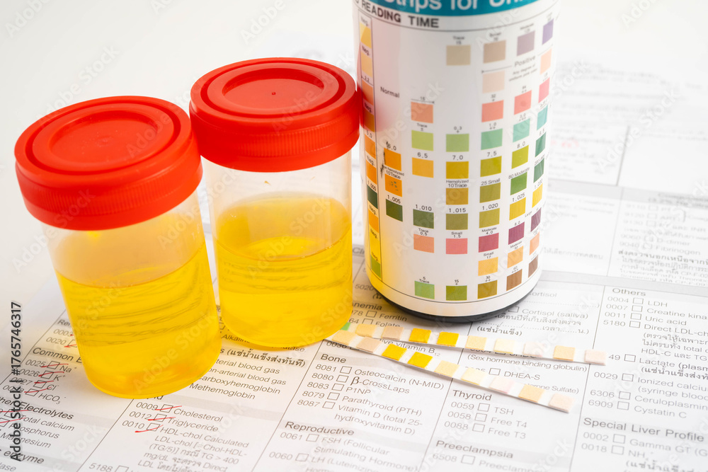 Urinalysis, urine cup with reagent strip pH paper test and comparison ...