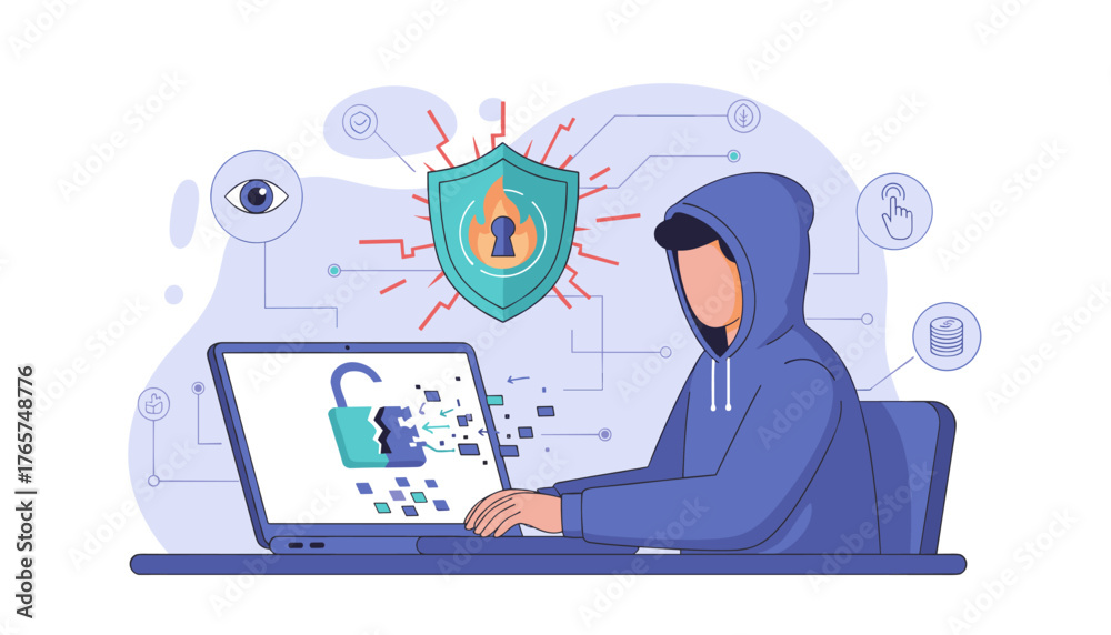 Cybersecurity concept illustration showing a hooded hacker figure ...