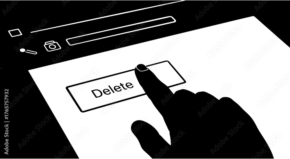 Conceptual symbol of delete on white background. Hand pressing a button ...