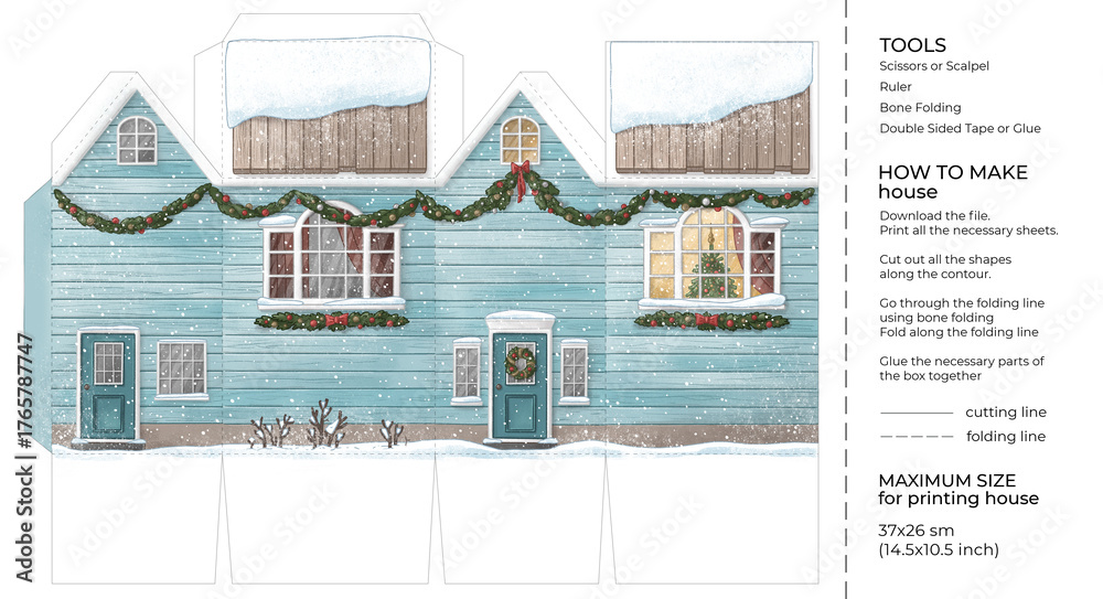 Kids craft winter paper house. Cut and glue cartoon 3D toy house ...