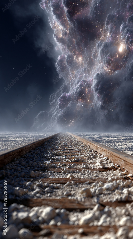 scene of train tracks dissolving into cosmic mist, blending reality and ...