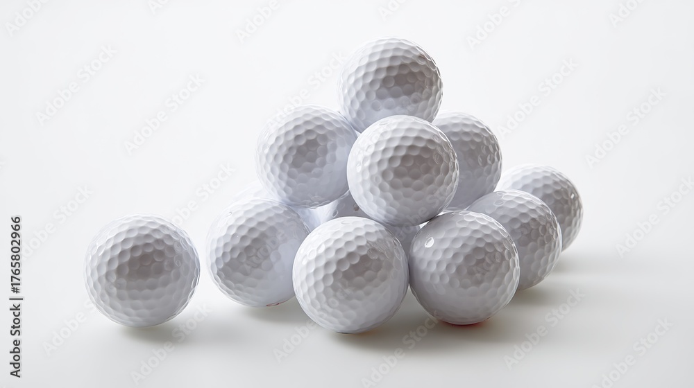 Golf balls, white and textured, stacked in a pyramid and one separate ...