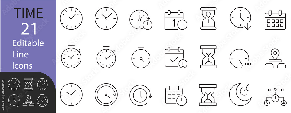 Time and Scheduling line icon set. Contains symbols for clock, calendar ...
