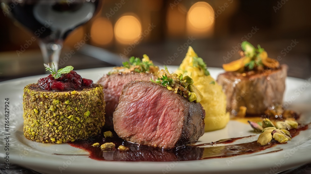 Luxury fine dining Turkish beef tenderloin pistachio crust cherry demi ...