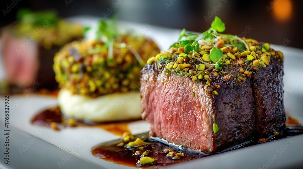 Fotografie Luxury fine dining Turkish beef tenderloin pistachio crust ...